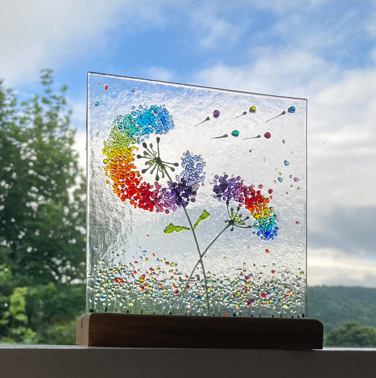 Make a Wish Rainbow Dandelion Clock Fused Glass Picture With Oak Stand ...
