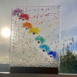 Whimsical Bright Rainbow Flowers Fused Glass Art Picture Sun Catcher & Wooden Display Stand - Etsy