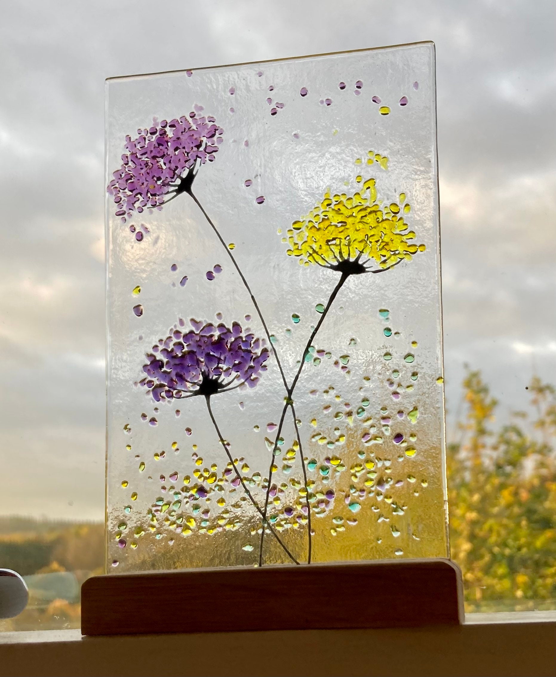 Three Whimsical Flowers Fused Glass Art Picture Sun Catcher & Wooden ...