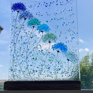 Whimsical Blue Mix Flowers Fused Glass Art Picture Sun Catcher & Wooden ...