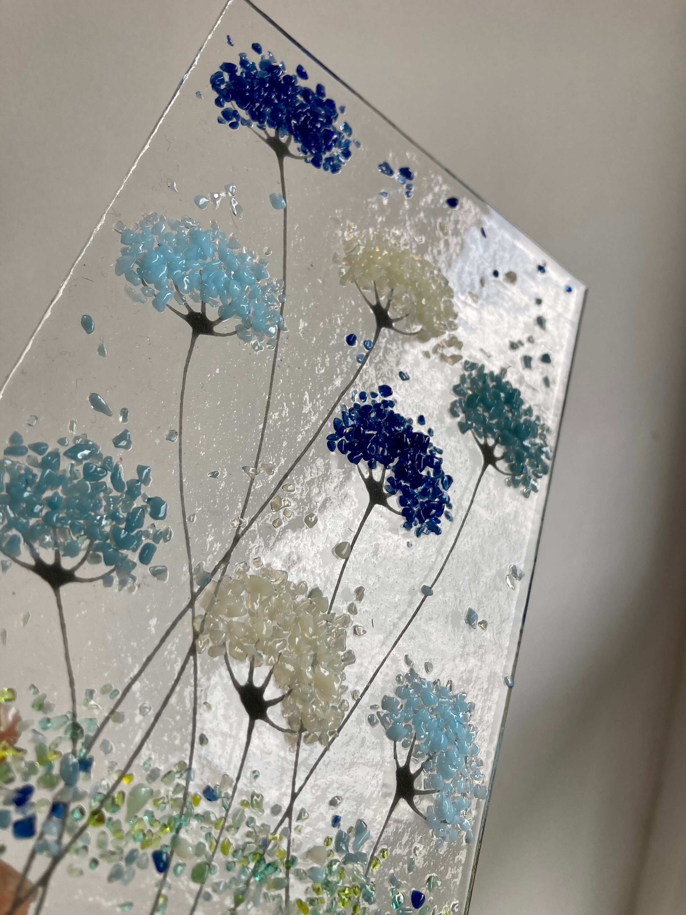 Whimsical Pastel Blues Meadow Fused Glass Art Hanging Picture or With a ...