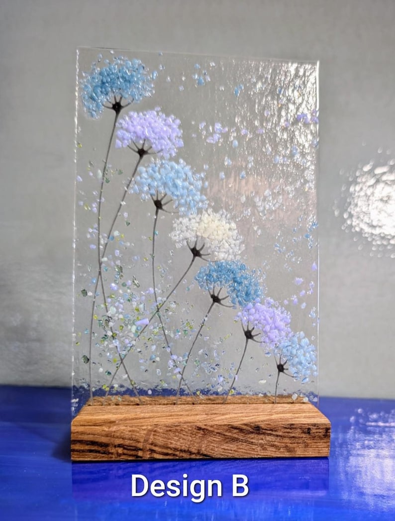 Whimsical Flowers Fused Glass Art Picture Sun Catcher & Wooden Display ...