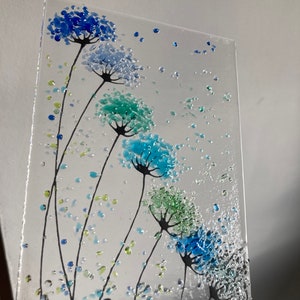 Whimsical Blue Mix Flowers Fused Glass Art Picture Sun Catcher & Wooden ...