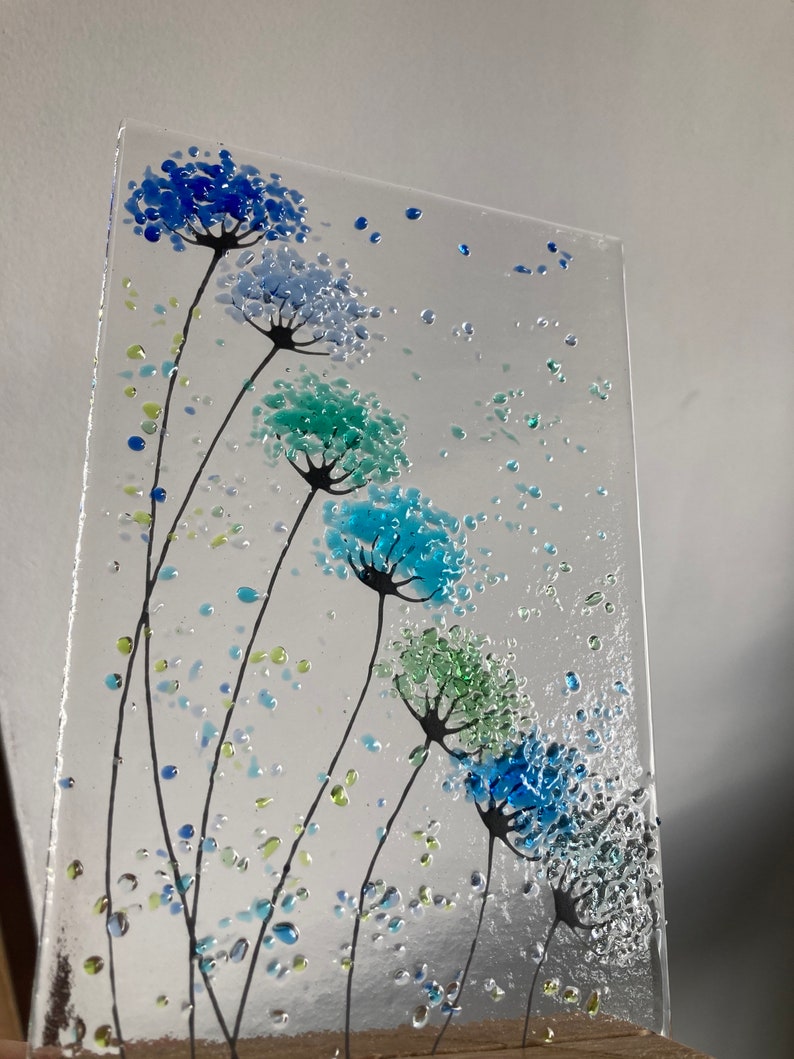Whimsical Blue Mix Flowers Fused Glass Art Picture Sun Catcher & Wooden ...