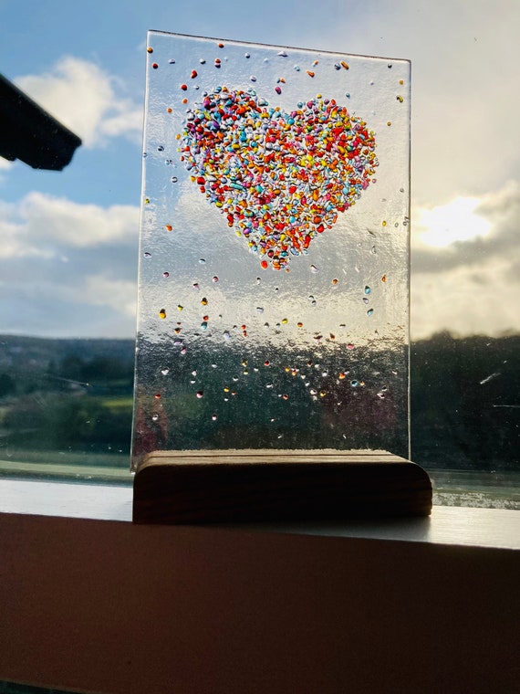 Jewelled Love Heart Fused Glass Art Picture With Oak Stand | Etsy