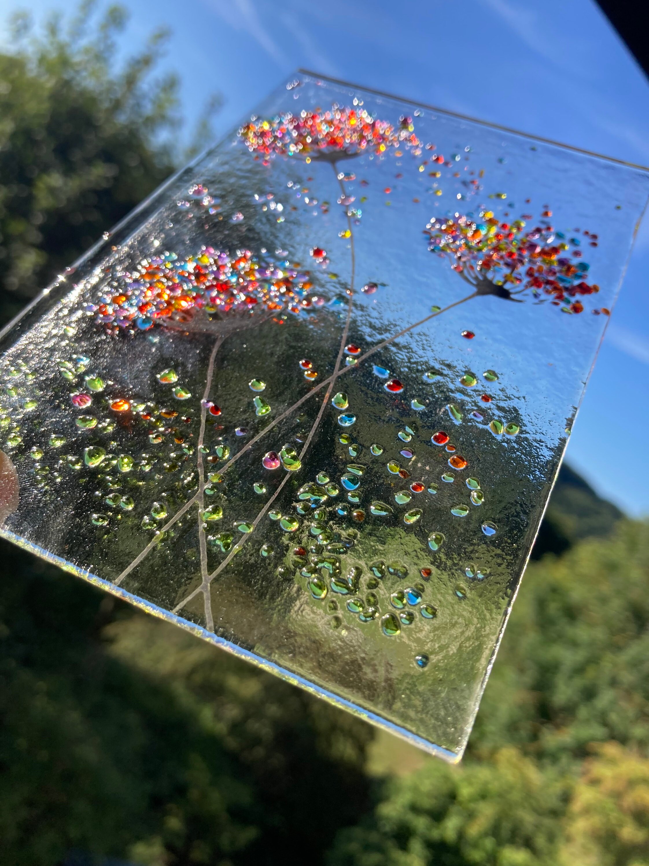 Whimsical Rainbow Flowers Fused Glass Art Picture Sun Catcher & Wooden ...
