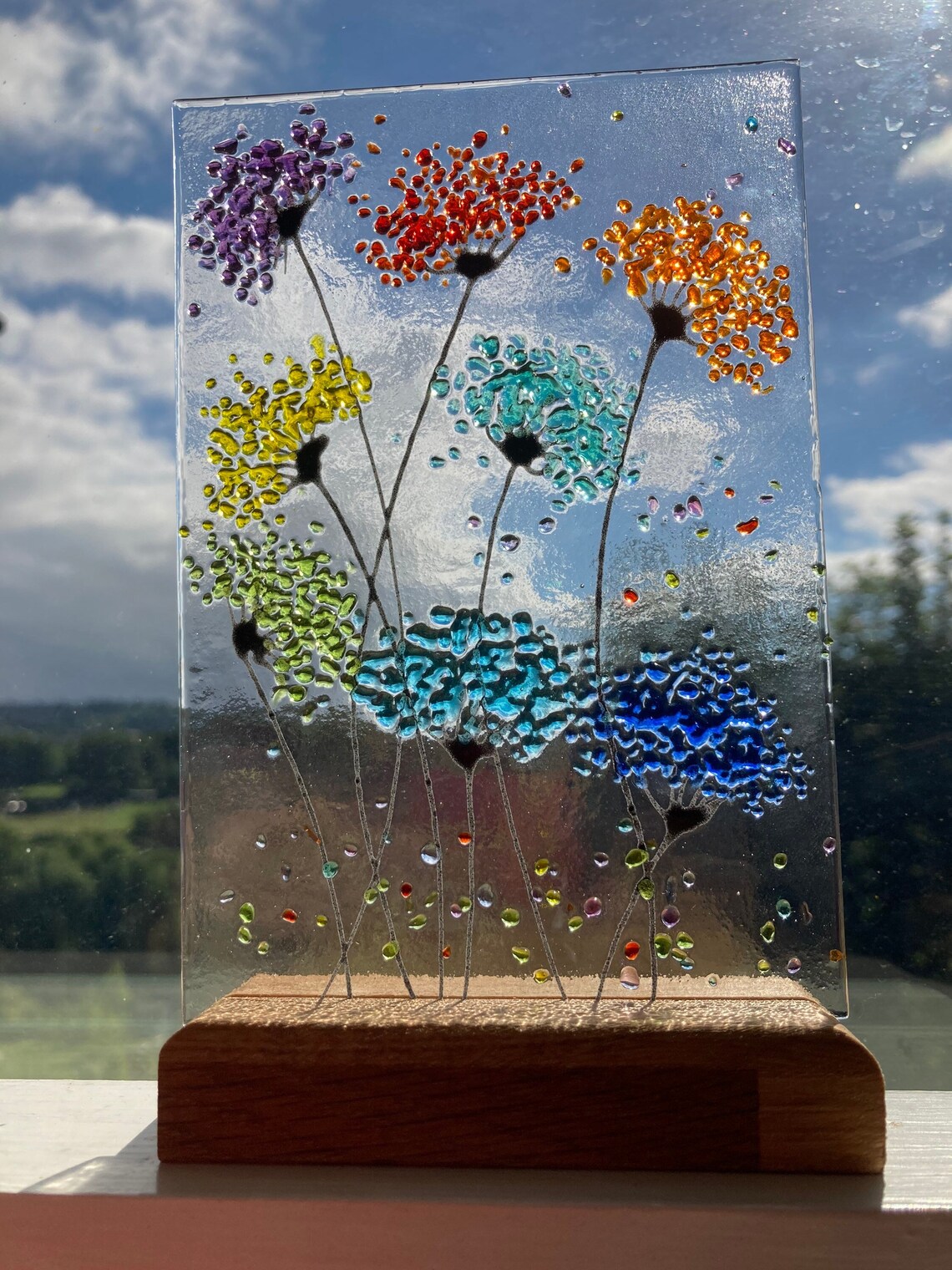 Whimsical Bright Rainbow Meadow Fused Glass Art Picture Hanging or With ...