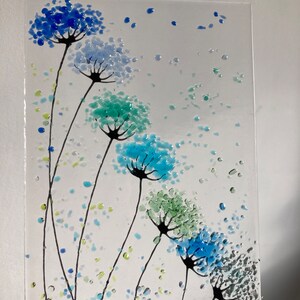 Whimsical Blue Mix Flowers Fused Glass Art Picture Sun Catcher & Wooden ...