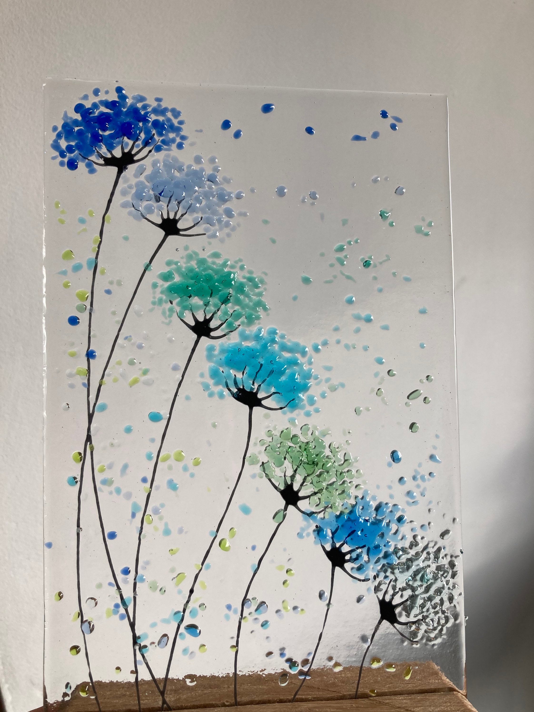 Whimsical Blue Mix Flowers Fused Glass Art Picture Sun Catcher & Wooden ...
