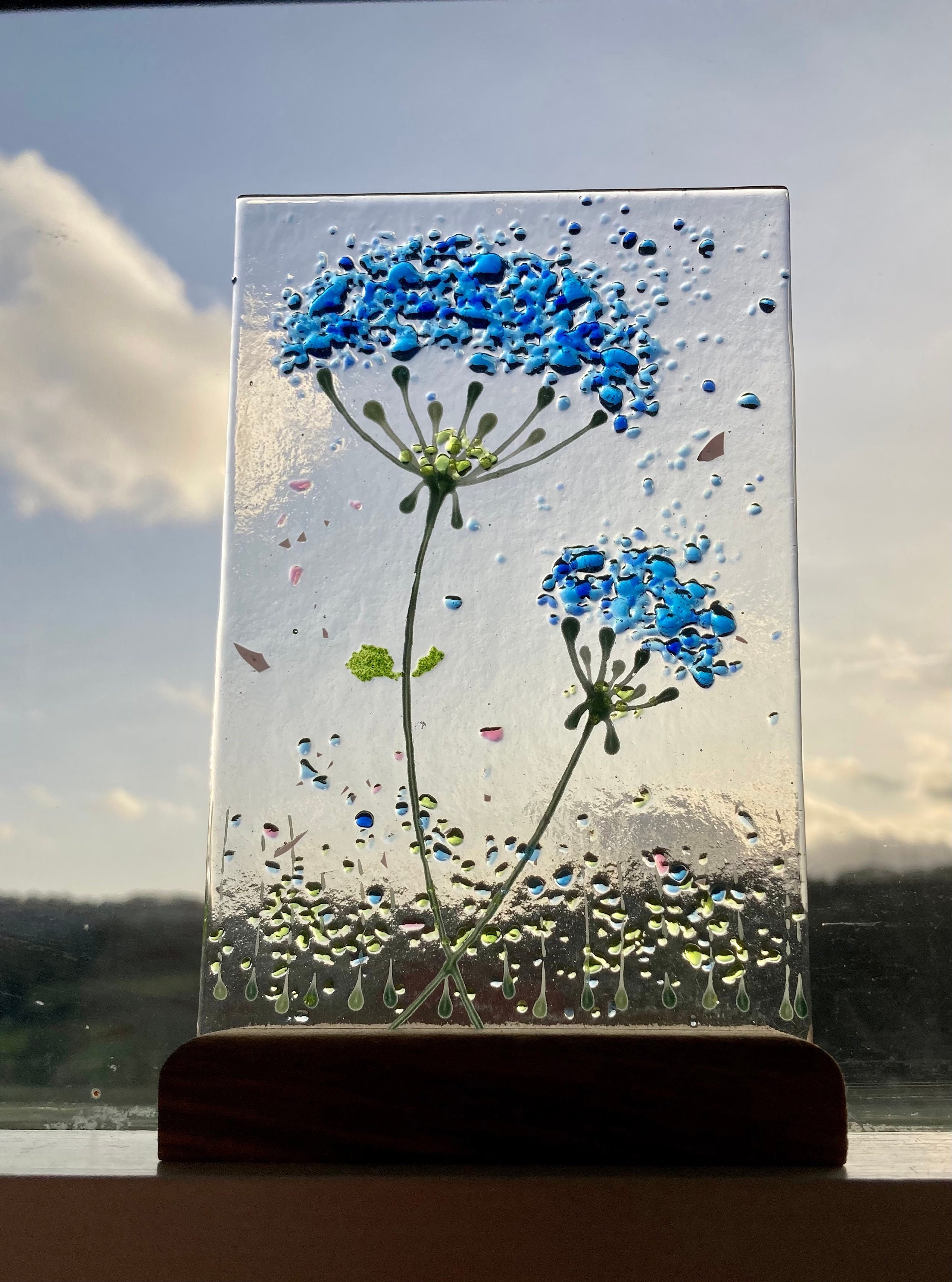 Queen Anne’s Lace Blue Flowers Fused Glass Art Picture Sun Catcher ...