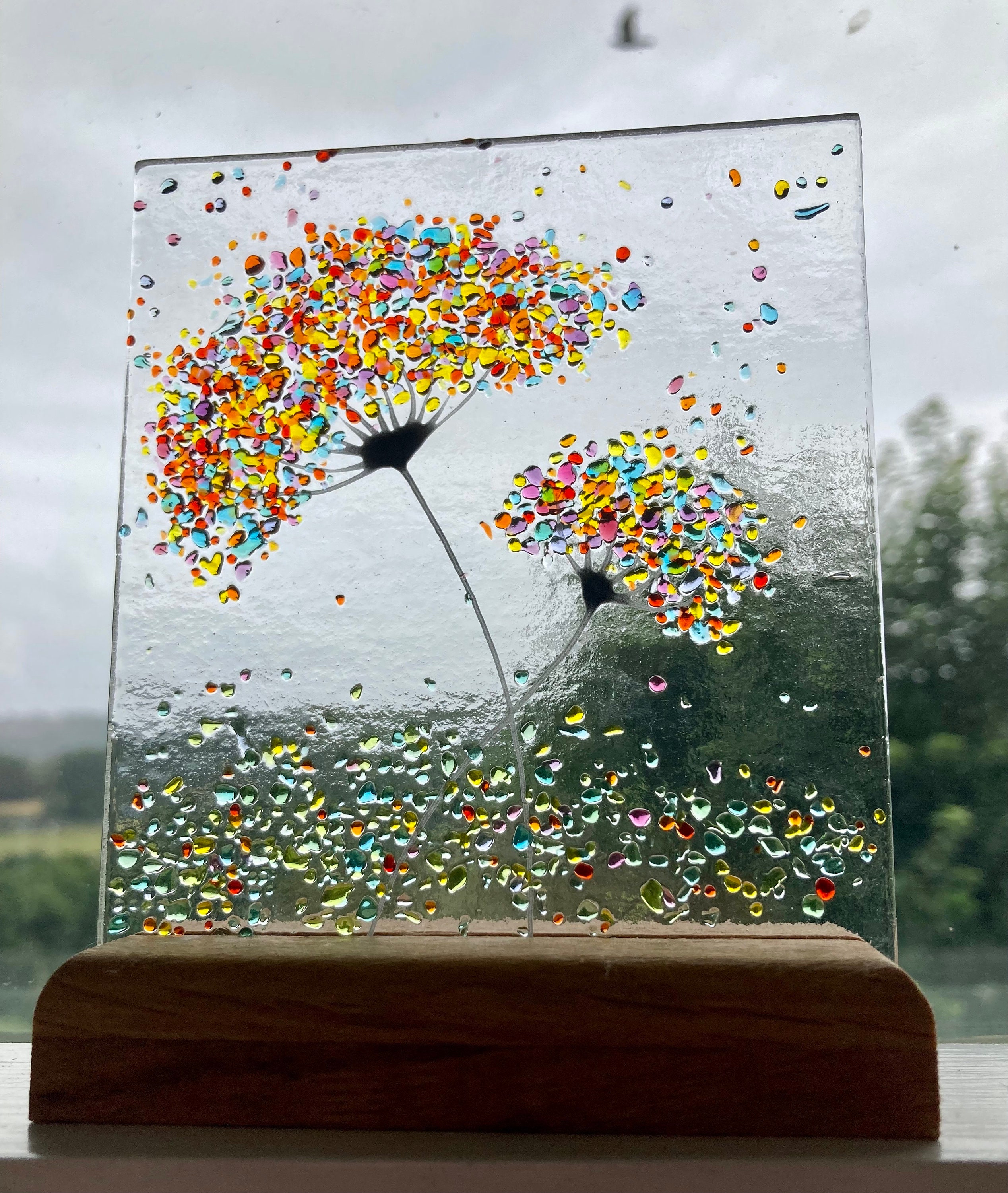 Whimsical Twin Flowers Fused Glass Art Picture With Oak Stand 3 Sizes ...