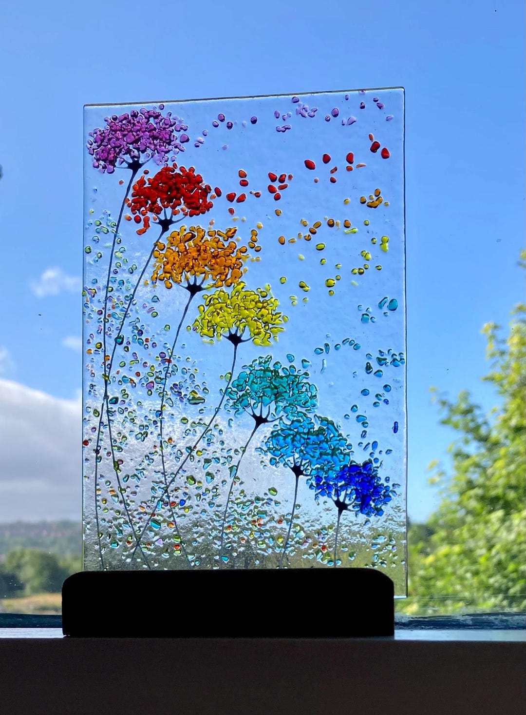 Whimsical Bright Rainbow Flowers Fused Glass Art Picture Sun Catcher & Wooden Display Stand ...