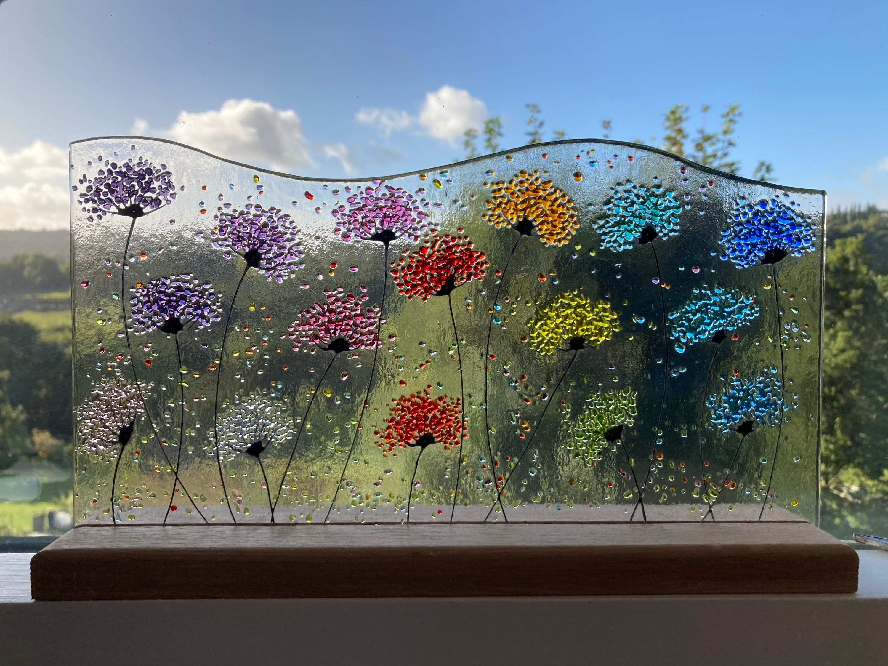 Large Whimsical Rainbow Flower Meadow Fused Glass Art Picture Sun ...