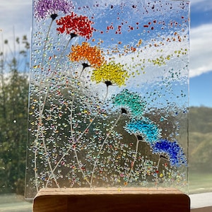 Whimsical Bright Rainbow Flowers Fused Glass Art Picture Sun Catcher & Wooden Display Stand - Etsy