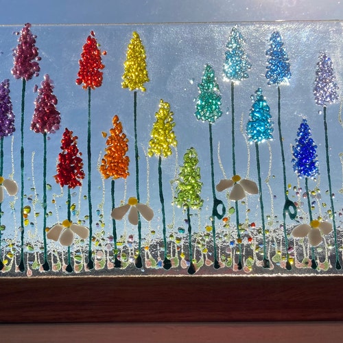 Whimsical Bright Rainbow Flowers Fused Glass Art Picture Sun - Etsy