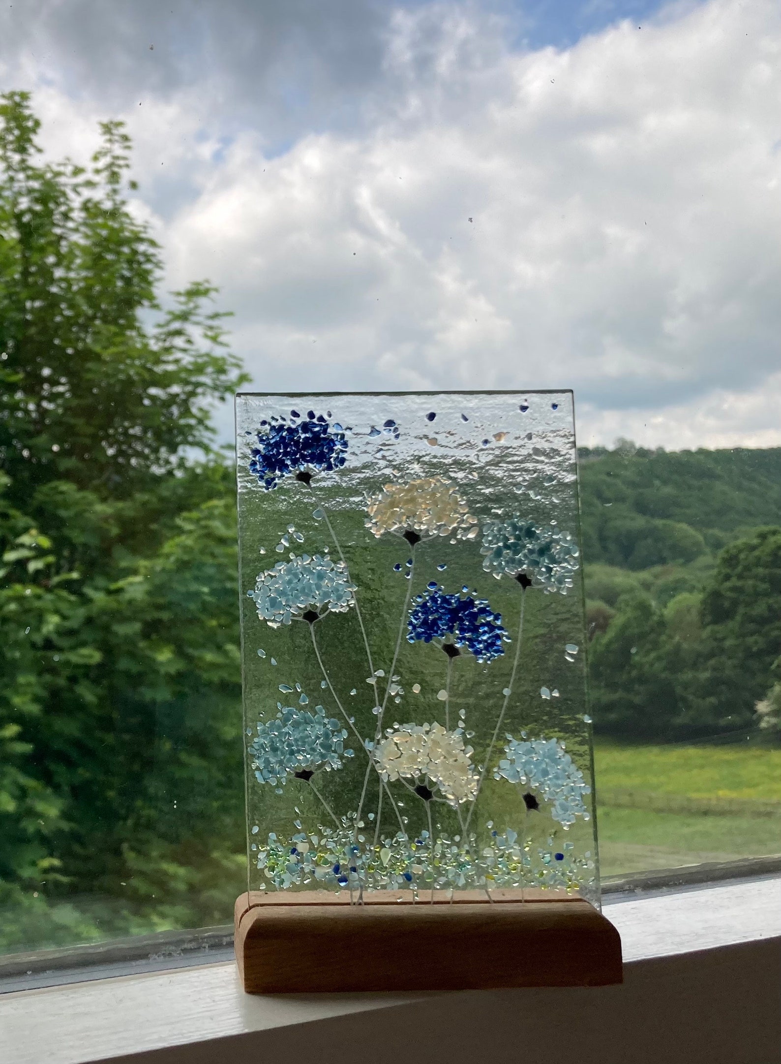 Whimsical Pastel Blues Meadow Fused Glass Art Hanging Picture or With a ...