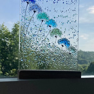 Whimsical Blue Mix Flowers Fused Glass Art Picture Sun Catcher & Wooden ...