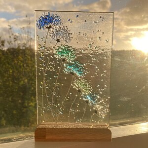 Whimsical Blue Mix Flowers Fused Glass Art Picture Sun Catcher & Wooden ...