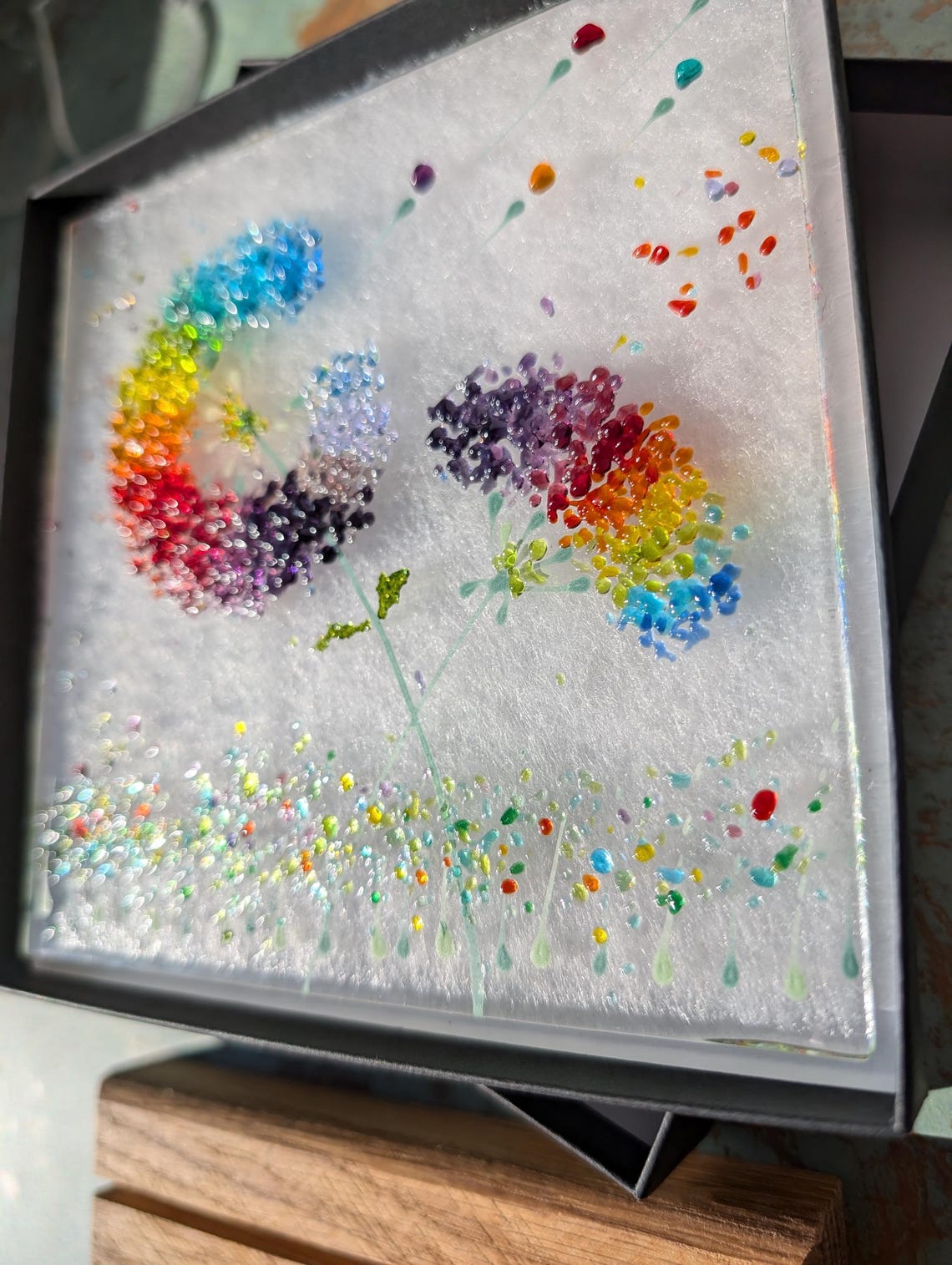 Make a Wish Rainbow Dandelion Clock Fused Glass Picture With Oak Stand ...