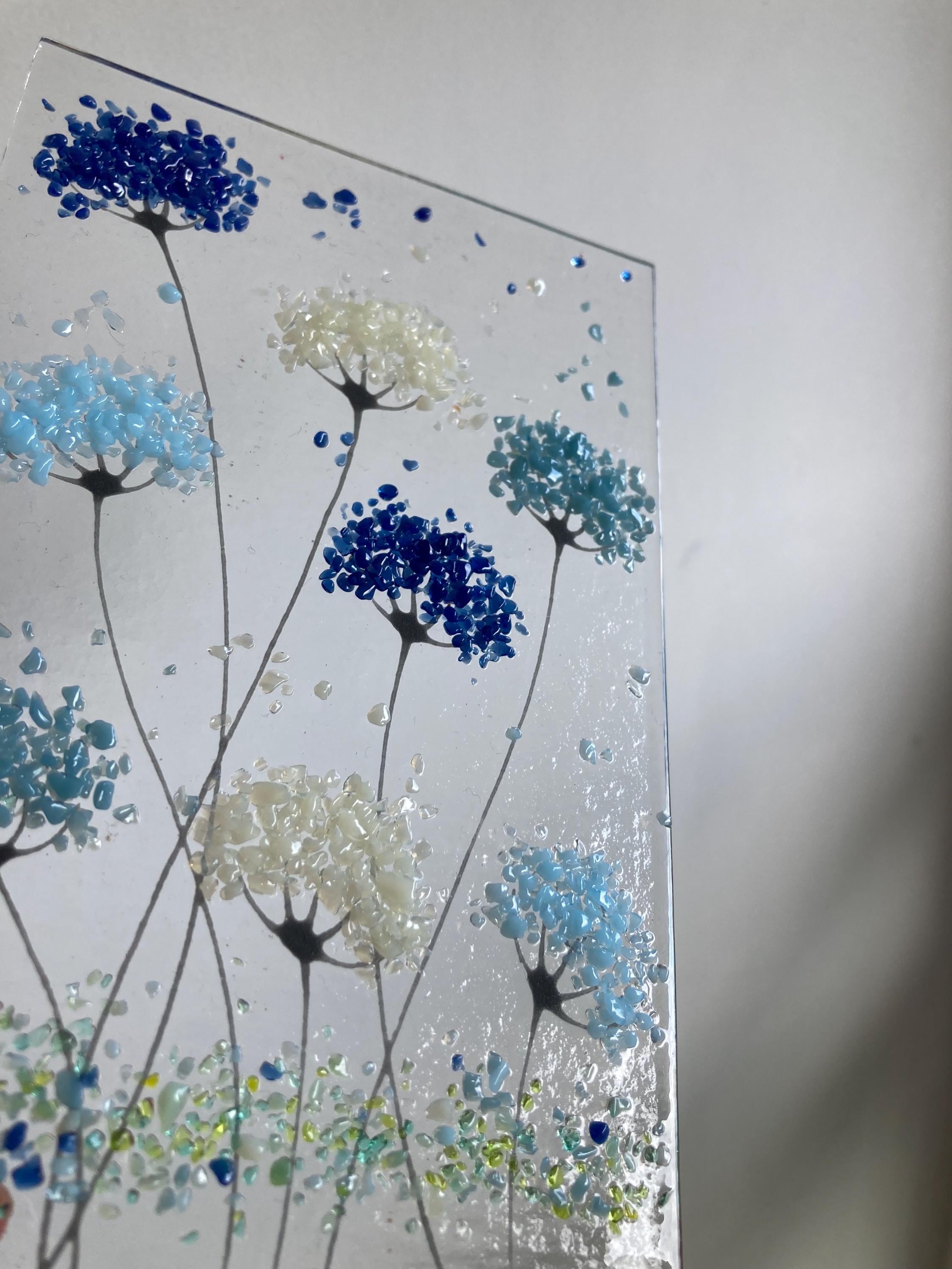 Whimsical Pastel Blues Meadow Fused Glass Art Hanging Picture or With a ...