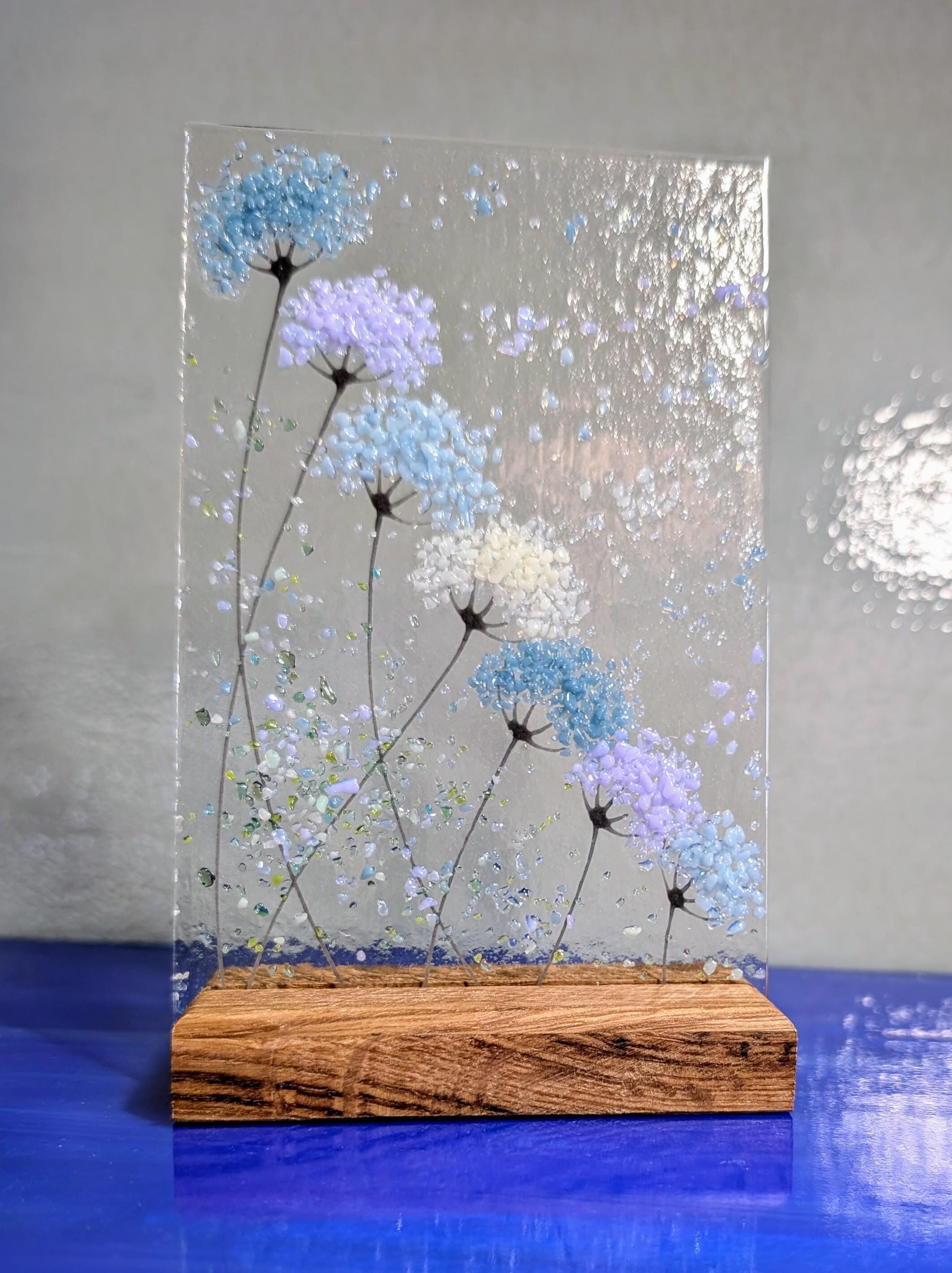 Whimsical Flowers Fused Glass Art Picture Sun Catcher & Wooden Display ...