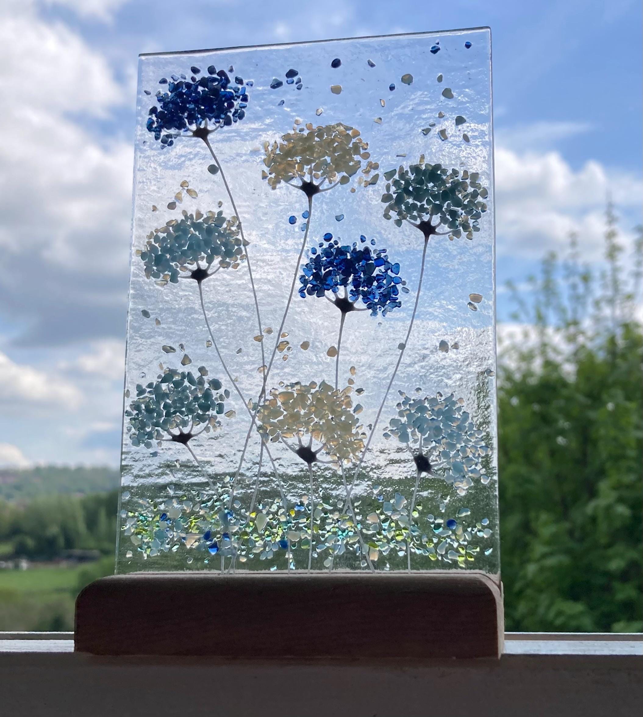 Whimsical Pastel Blues Meadow Fused Glass Art Hanging Picture or With a ...