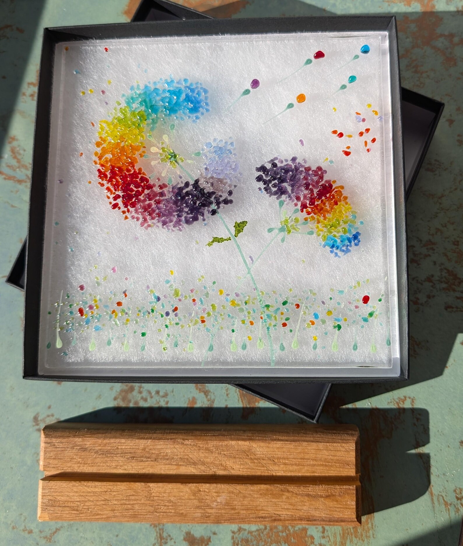Make a Wish Rainbow Dandelion Clock Fused Glass Picture With Oak Stand ...