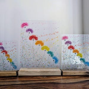 Whimsical Bright Rainbow Flowers Fused Glass Art Picture Sun Catcher & Wooden Display Stand - Etsy