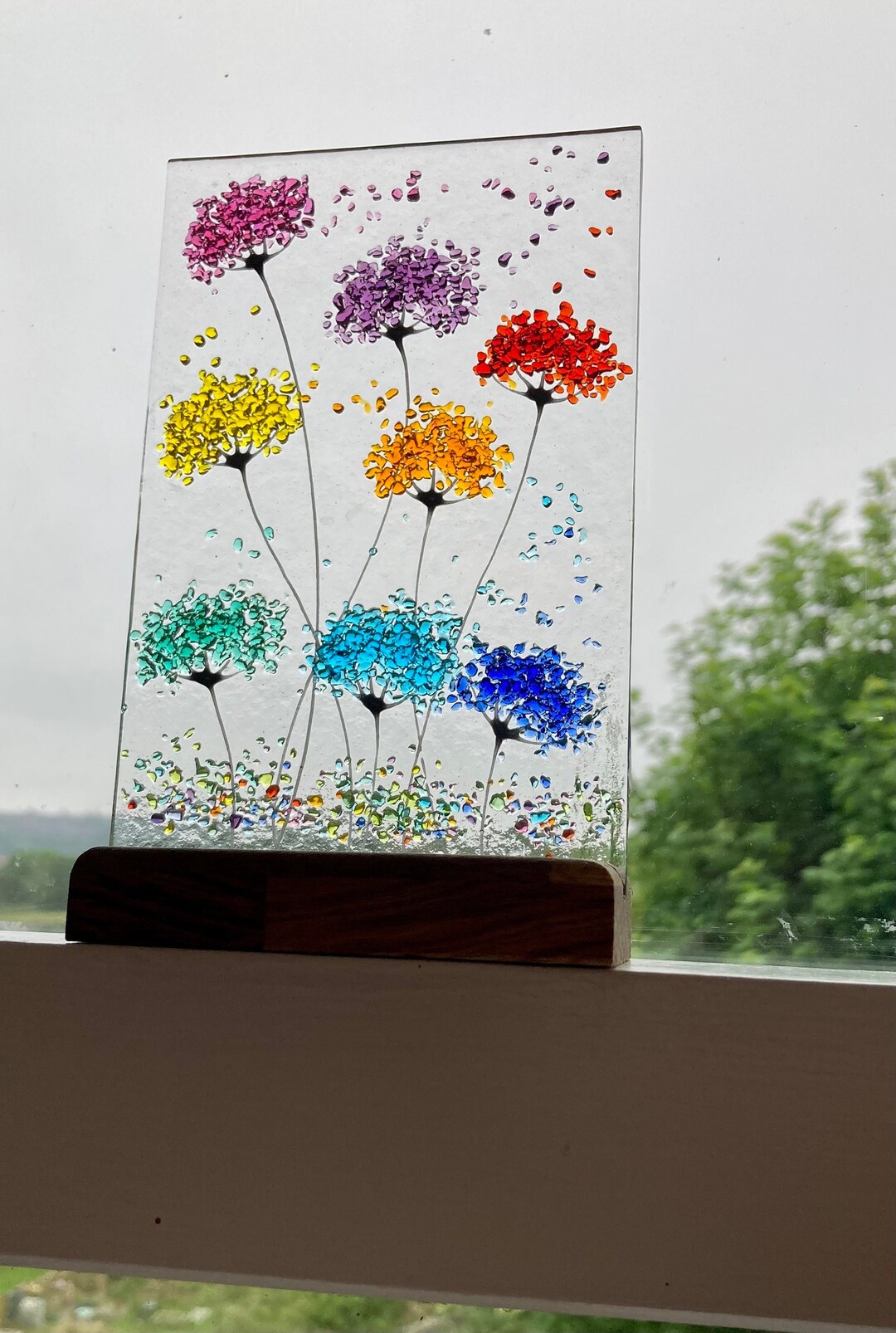 Whimsical Bright Rainbow Meadow Fused Glass Art Hanging Picture or With ...