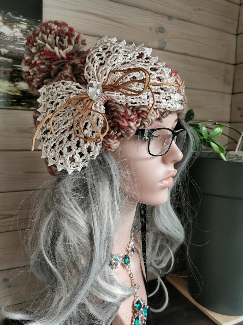 Handmade Chunky Cable-knit Bobble Hat: Red, Beige, & Sparkly - Etsy