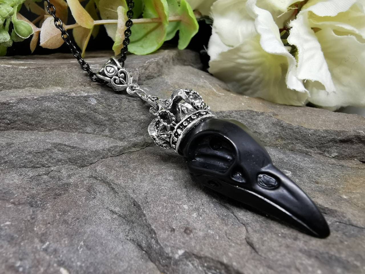 Victorian Gothic Black Resin Raven Skull with Silver Crown, on Black 18 ...