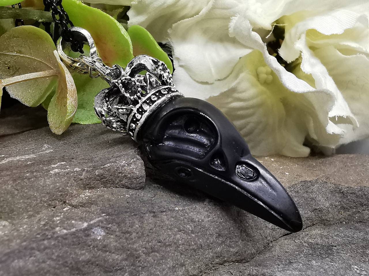 Victorian Gothic Black Resin Raven Skull with Silver Crown, on Black 18 ...