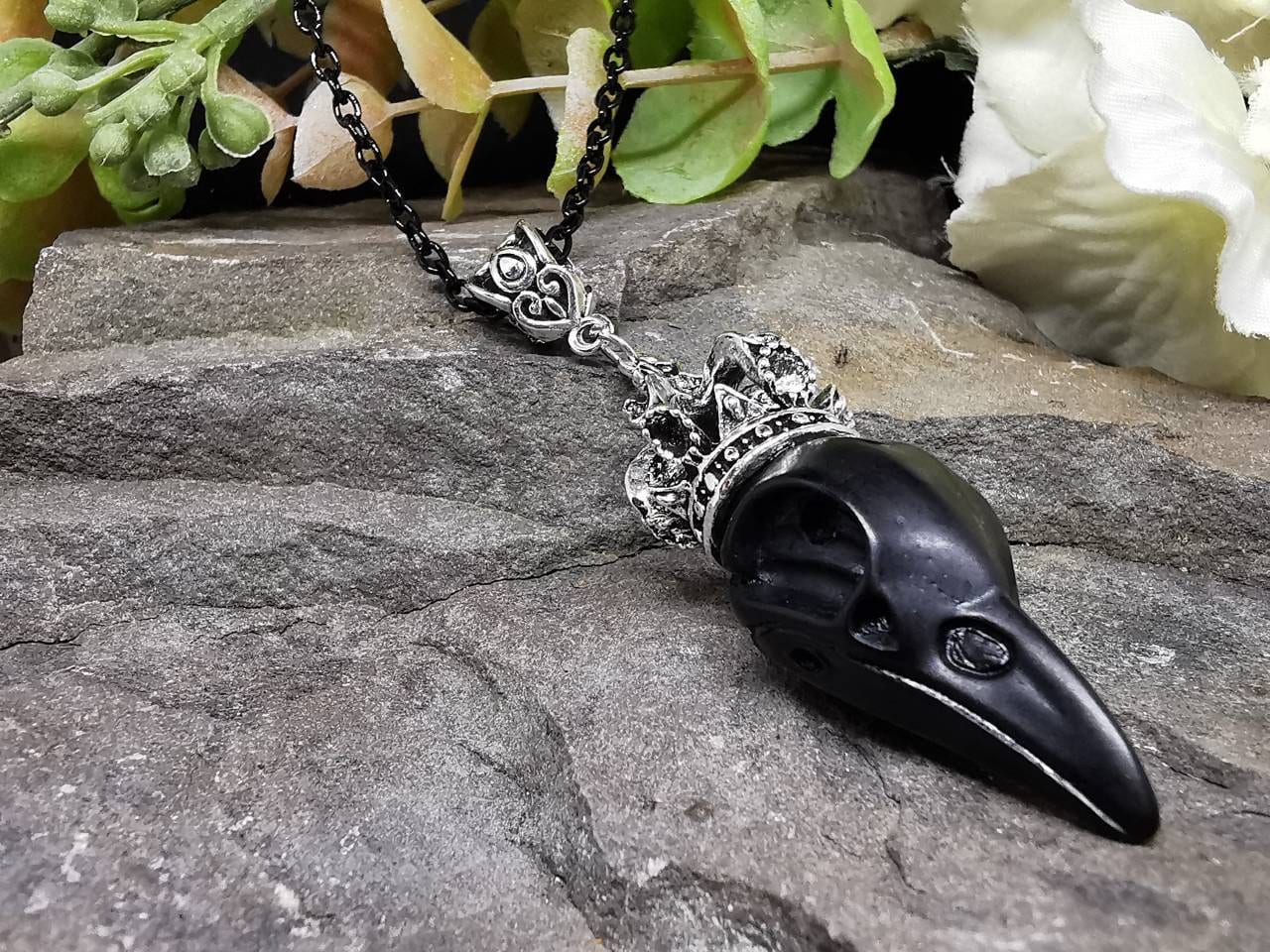 Victorian Gothic Black Resin Raven Skull with Silver Crown, on Black 18 ...