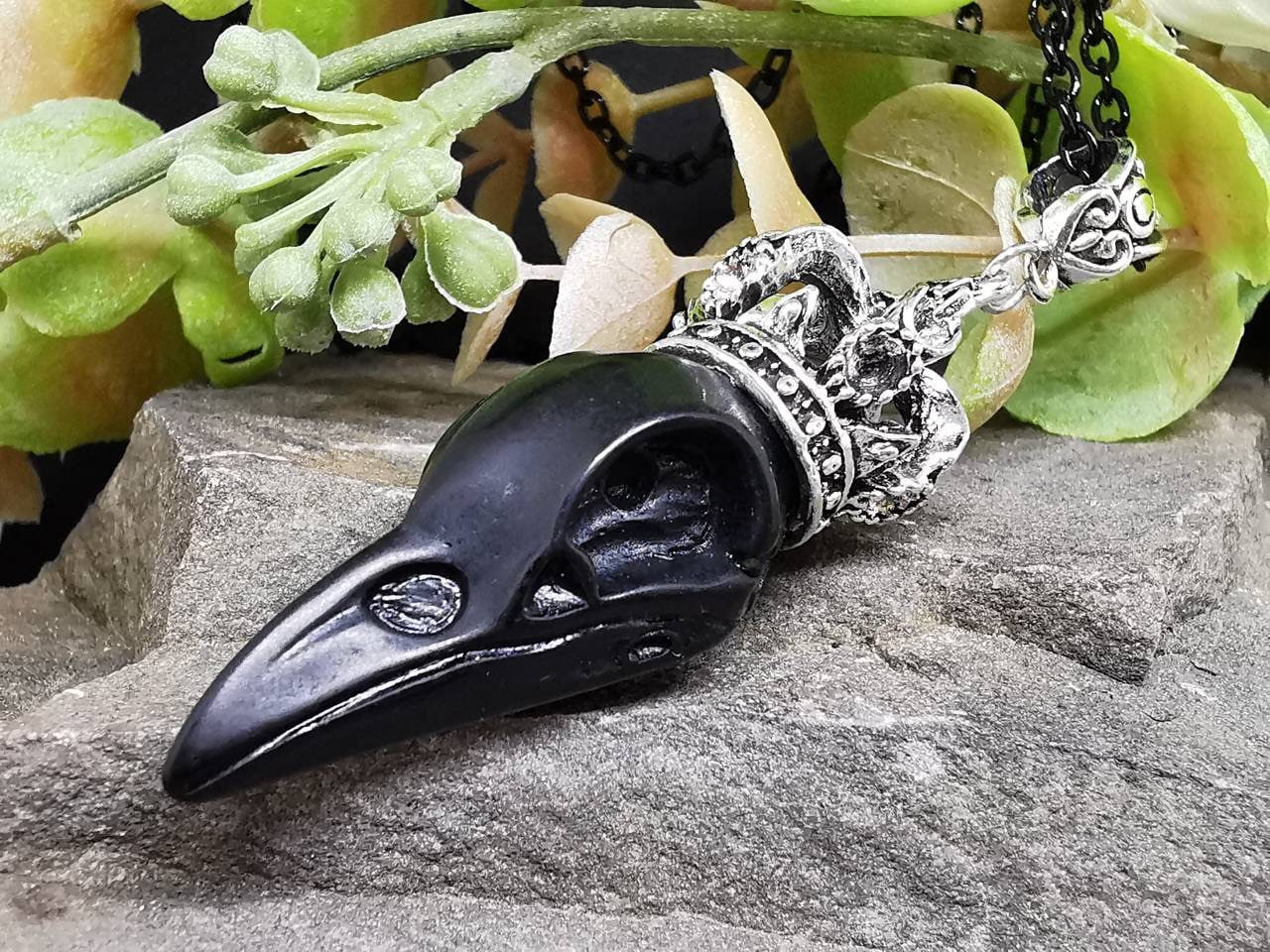 Victorian Gothic Black Resin Raven Skull with Silver Crown, on Black 18 ...