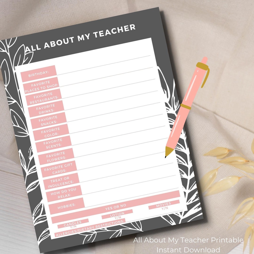 All About My Teacher Printable Digital Download Teacher Questions - Etsy