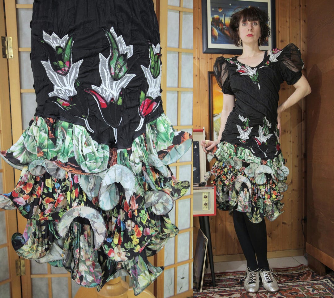 Black 1980s Designer Party Dress With Colourful Ruffles, Floral ...
