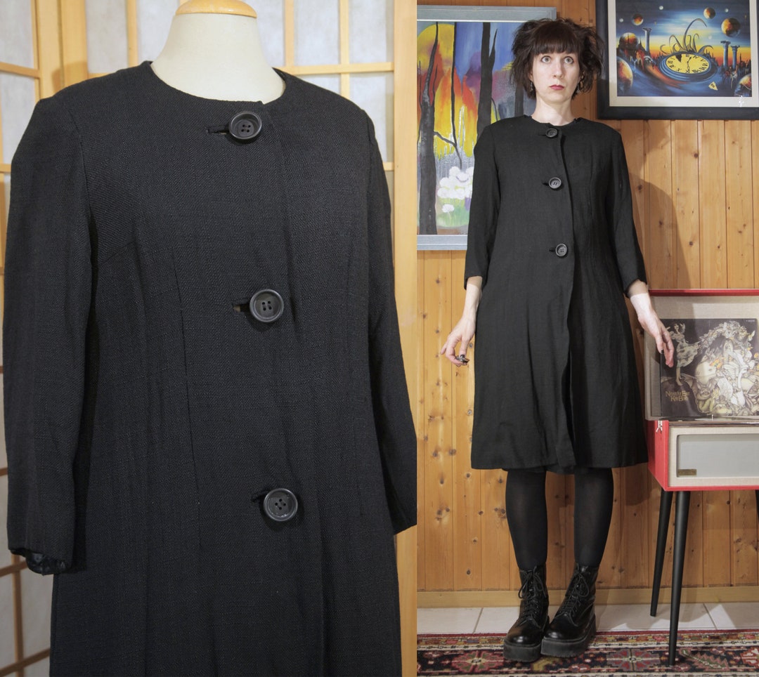 Black 1960s Mod Style Flax Short Swing Coat With Large Buttons and ...