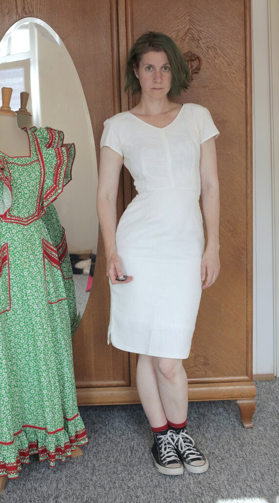 Off-White 1960s Mini Wiggle Dress with Short Sleeves,… - Gem