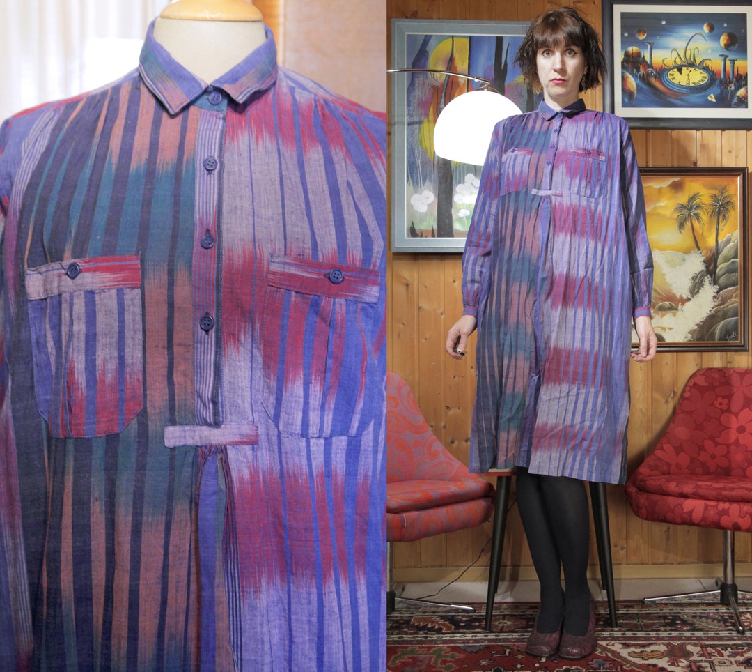 Purple and Blue 1960s BETTY BARCLAY Cotton Smock Midi Dress With Long ...
