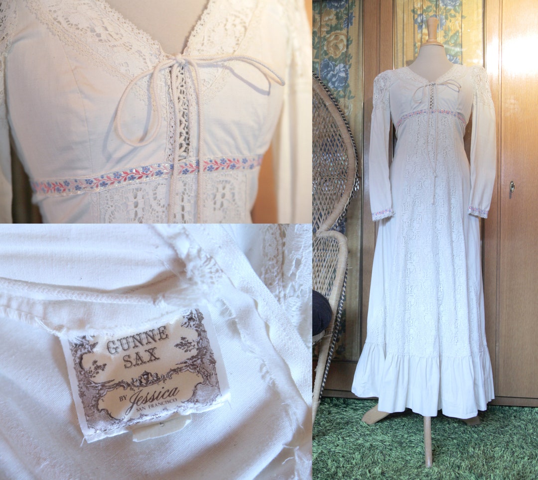 Ecru 1970er Jahre GUNNE SAX Langarm Maxi Kleid mit Schnürung vorne ...