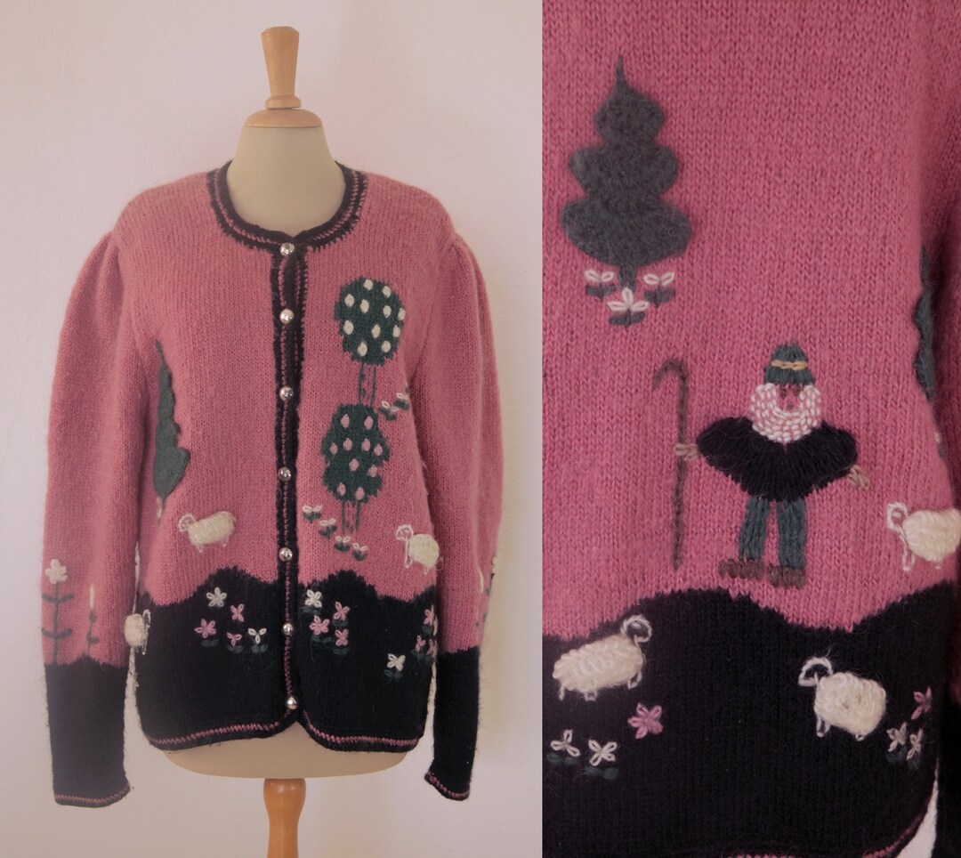 Dusky Pink 1980s Wool and Mohair Austrian Cardigan With Knit Landscape ...