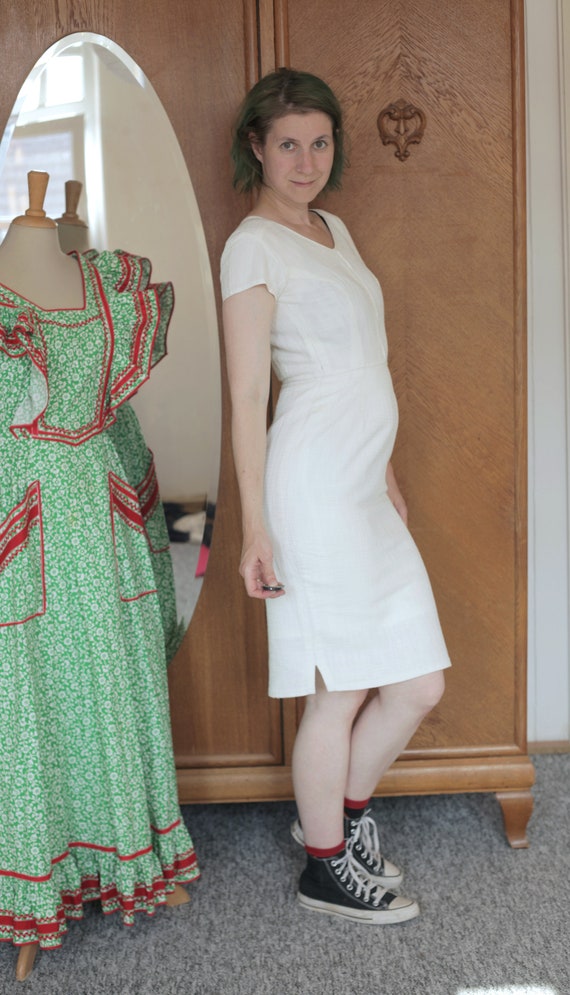 Off-White 1960s Mini Wiggle Dress with Short Sleeves,… - Gem