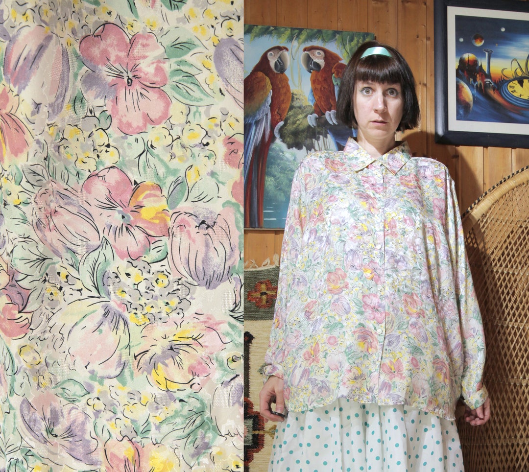 Pastel Coloured 1980s Pure Silk Long Sleeve Blouse With Floral ...
