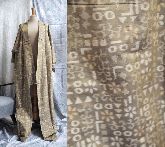 Olive Green and Beige Traditional Japanese Komon Kimo… - Gem
