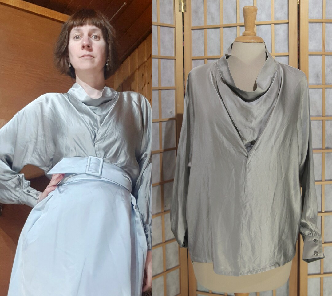 Silver 1980s Liquid Silk Satin Blouse With Long Dolman Sleeves and Cowl ...