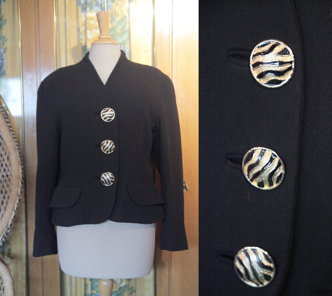 Fitted 1990s Black Wool Short Blazer With Pockets and Chunky Gold Tiger ...