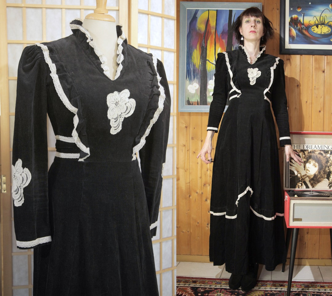 Black and White 1970s Victorian Style Corduroy Long Sleeve Maxi Dress ...
