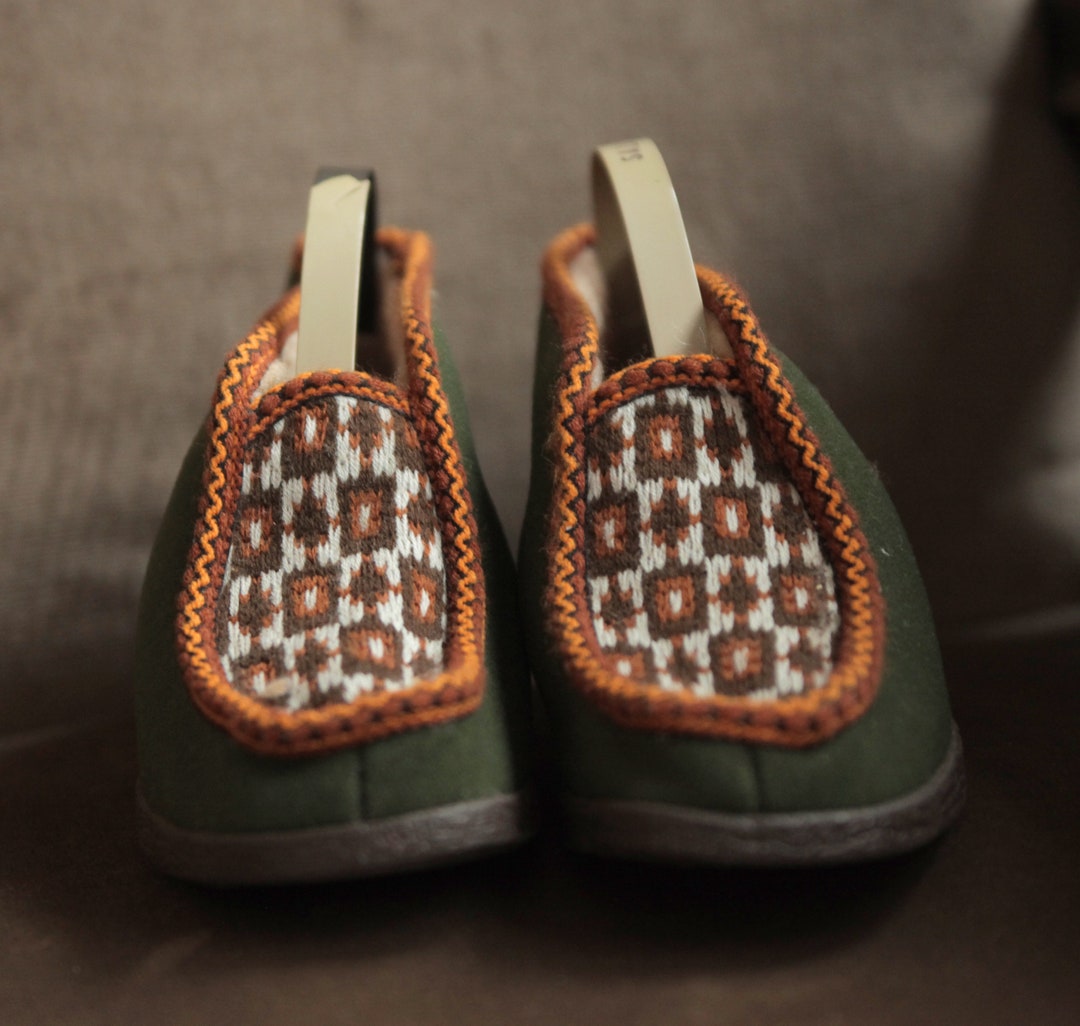 Forest Green 1970s Deadstock Slippers With Folklore Embroidery, Chunky ...