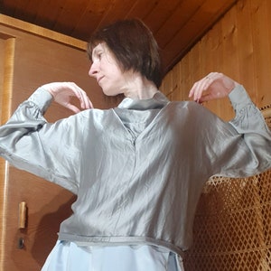 Silver 1980s Liquid Silk Satin Blouse With Long Dolman Sleeves and Cowl ...