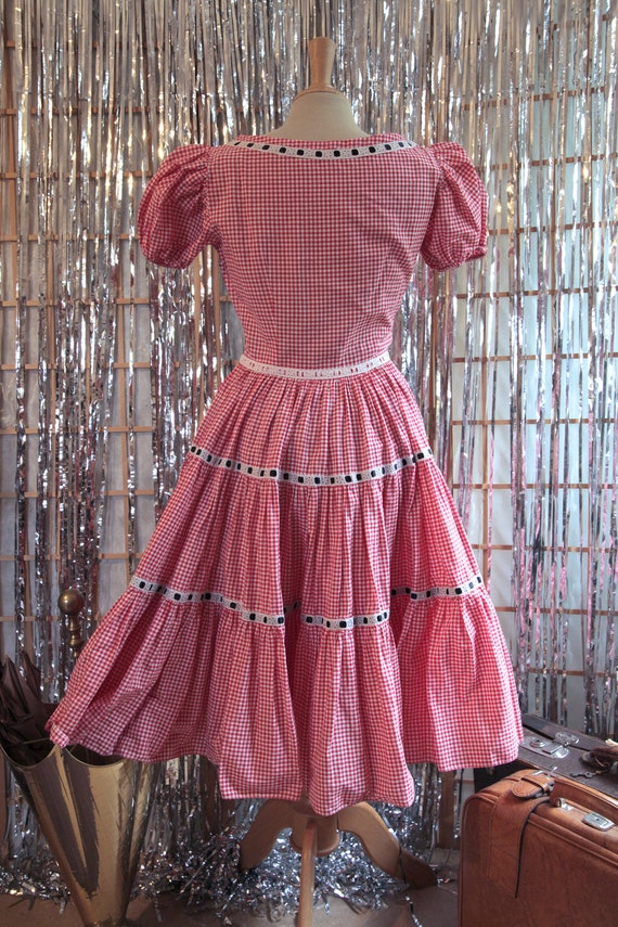 Red and White Gingham 1950s Cotton Square Dance Midi … - Gem